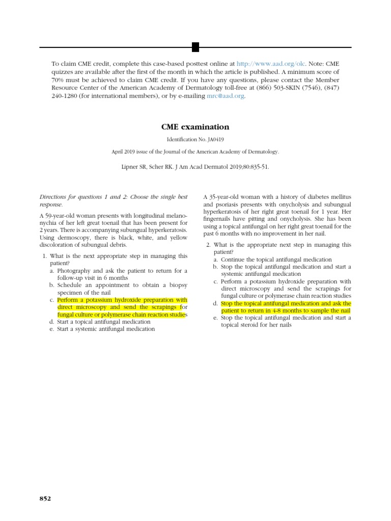 CME Examination Dermatology | PDF | Melanoma | Biopsy