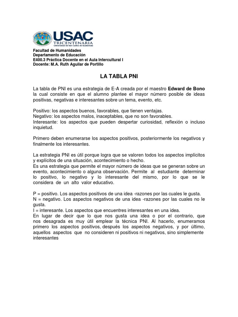La Tabla PNI | PDF | Toma de decisiones | Pensamiento crítico