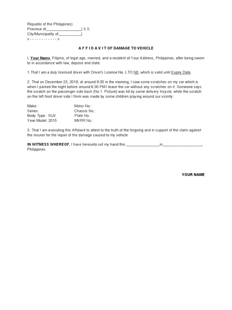 AFFIDAVIT OWN DAMAGE VEH Template | PDF