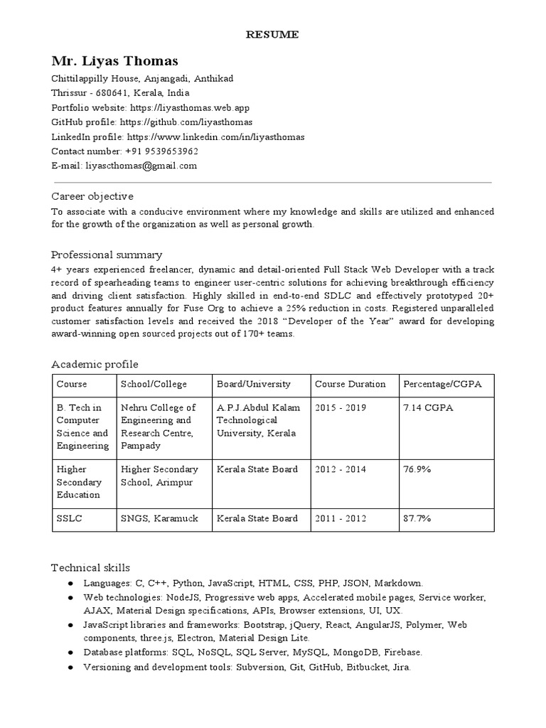 Liyas Thomas - Resume PDF | PDF | Web Application | Ajax (Programming)