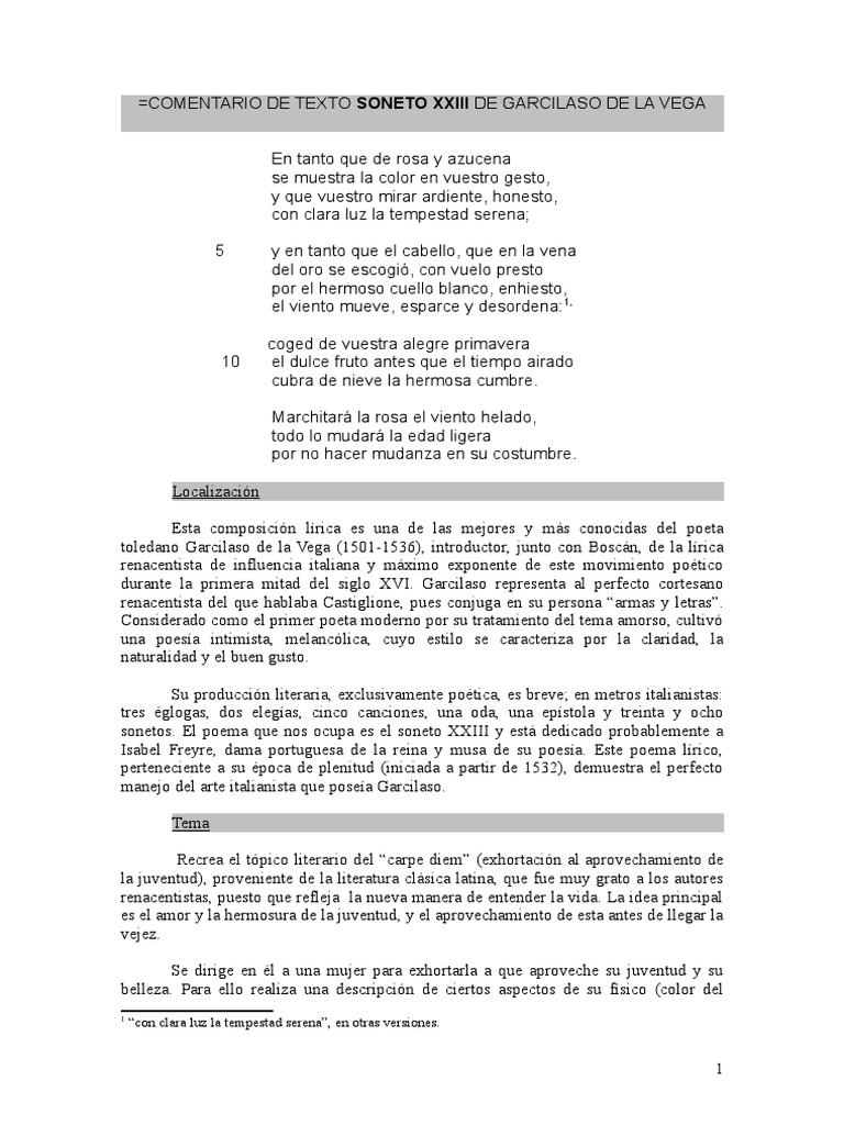 Análisis del Soneto XXIII de Garcilaso | PDF | Sonetos | Poesía