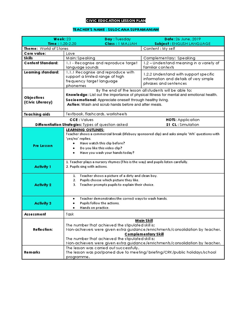 Civic Education Lesson Plan Template For English Subject (Y1-Y3) | PDF ...