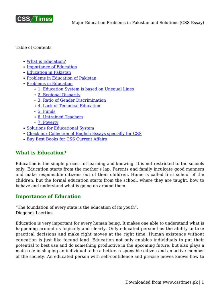 Major Education Problems In Pakistan And Solutions Css Essay Pdf