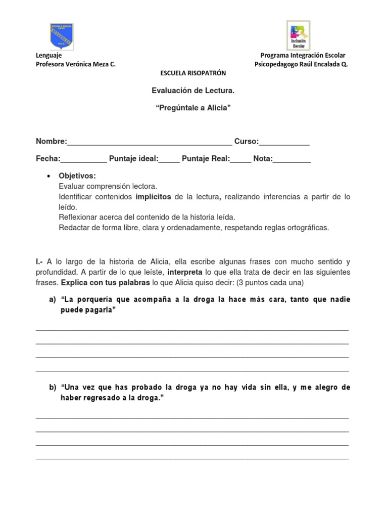Evaluación de Comprensión Lectora: Alicia | PDF | Crecimiento personal ...