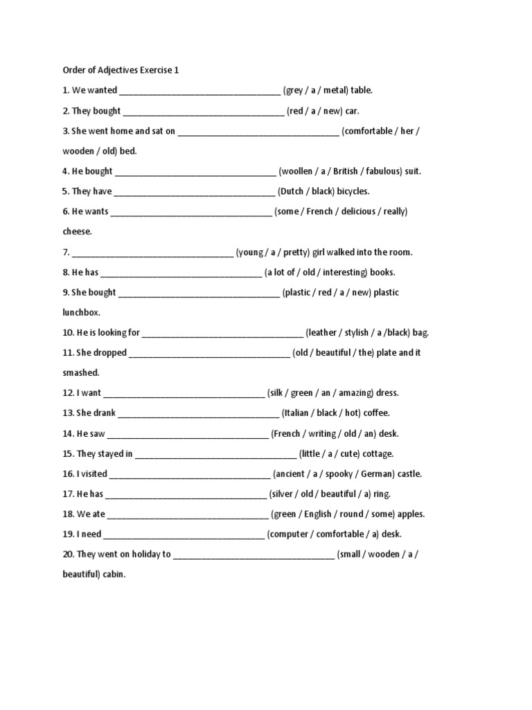 Order of Adjectives Exercise 1