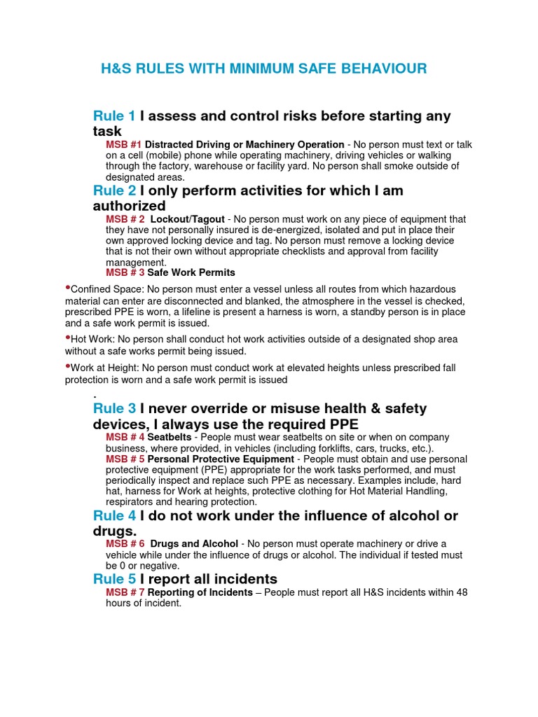 H&S Rules With Minimum Safe Behaviour Eng | PDF | Personal Protective ...
