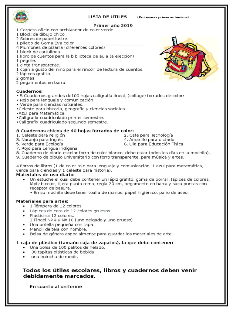 Lista de útiles escolares para primer año básico con detalles de cuadernos, materiales diarios y ...