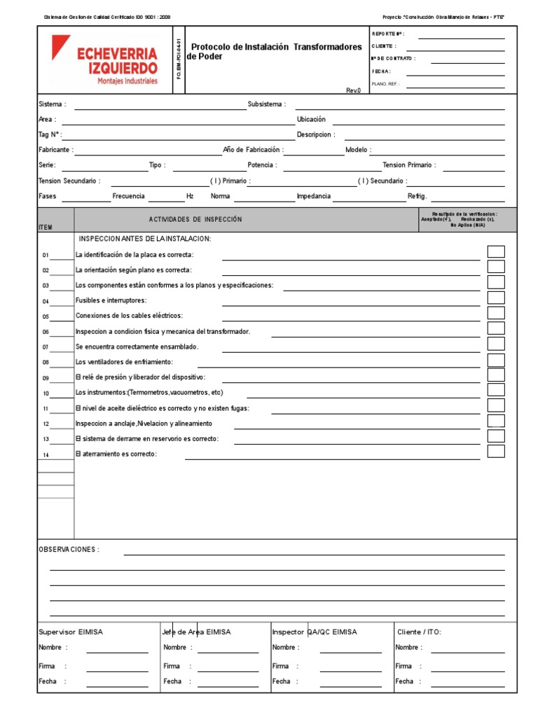 Protocolo de Instalación Transformadores | PDF | Transformador | Energia electrica