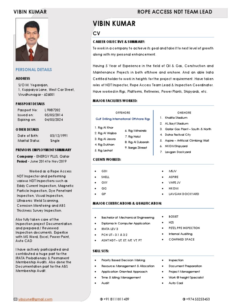 Vibin NDT Inspector CV - Dec 2019 | PDF | Mechanical Engineering | Nature