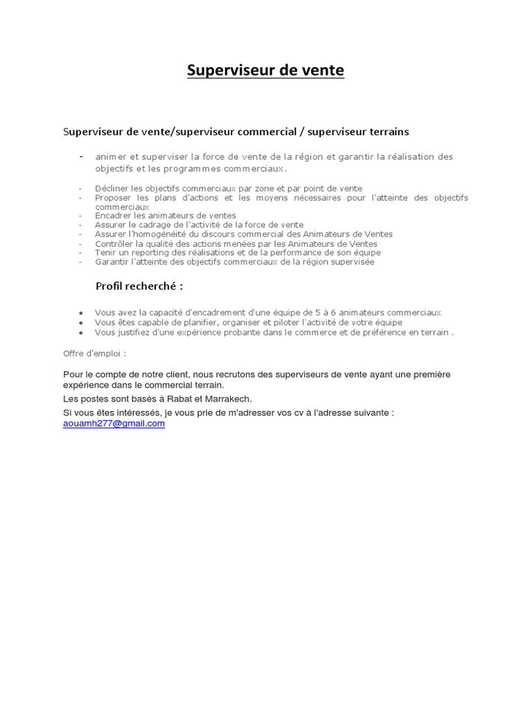 Superviseur de Vente | PDF | Évolution de carrière | Affaires
