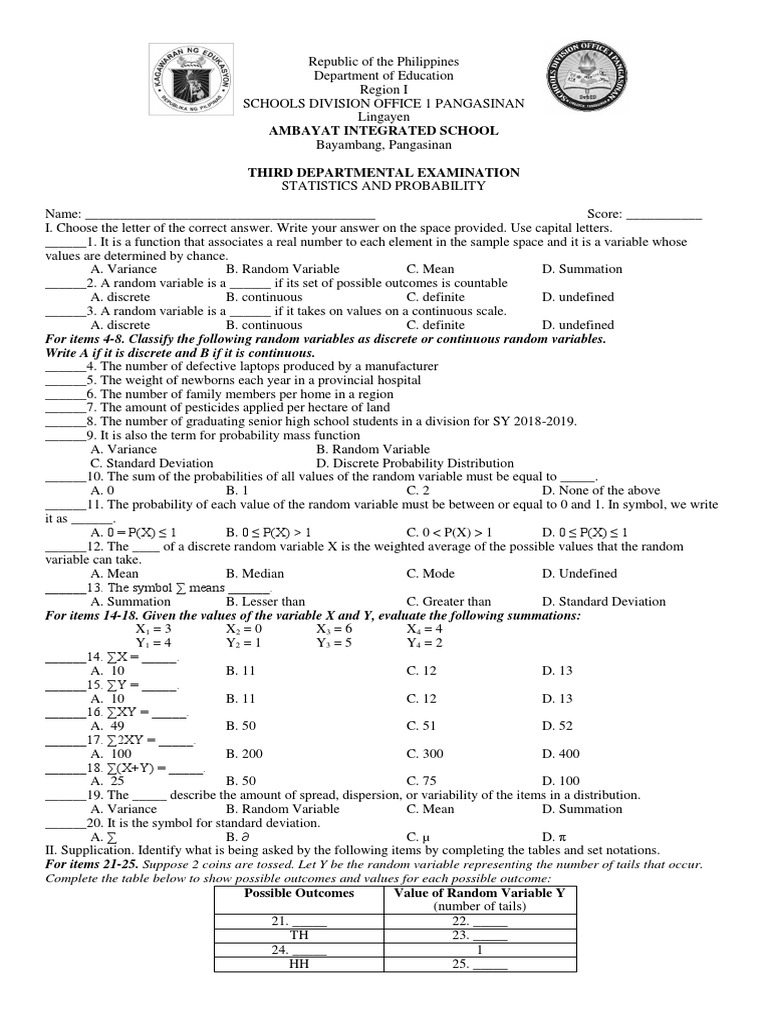 TQ Statistics 11 - Q3 UPDATED | PDF | Probability Distribution | Random Variable