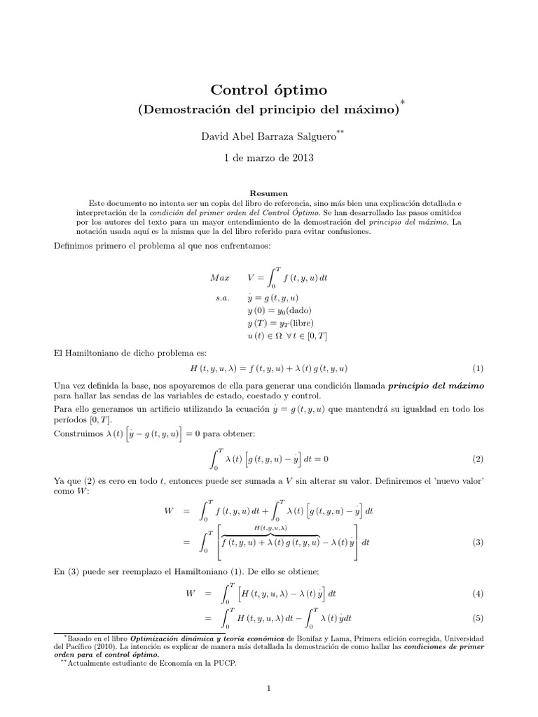 Control Optimo Principio Del Maximo PDF | PDF | Integral | Derivado