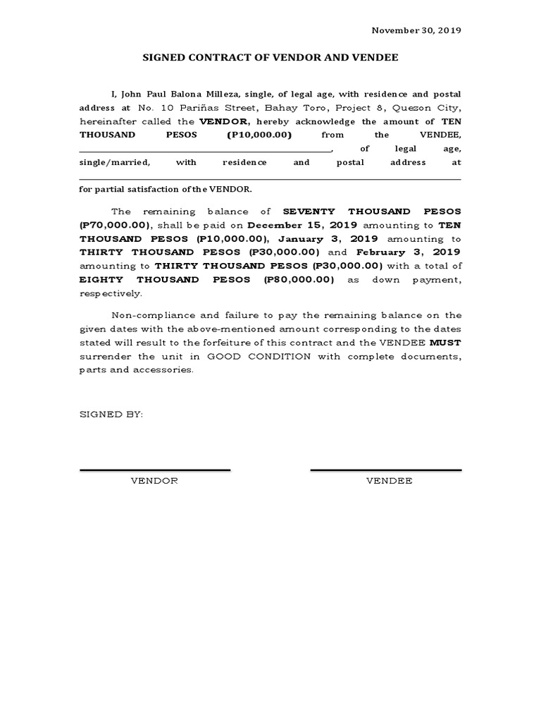 Vendor-Vendee Contract Agreement | PDF | Law