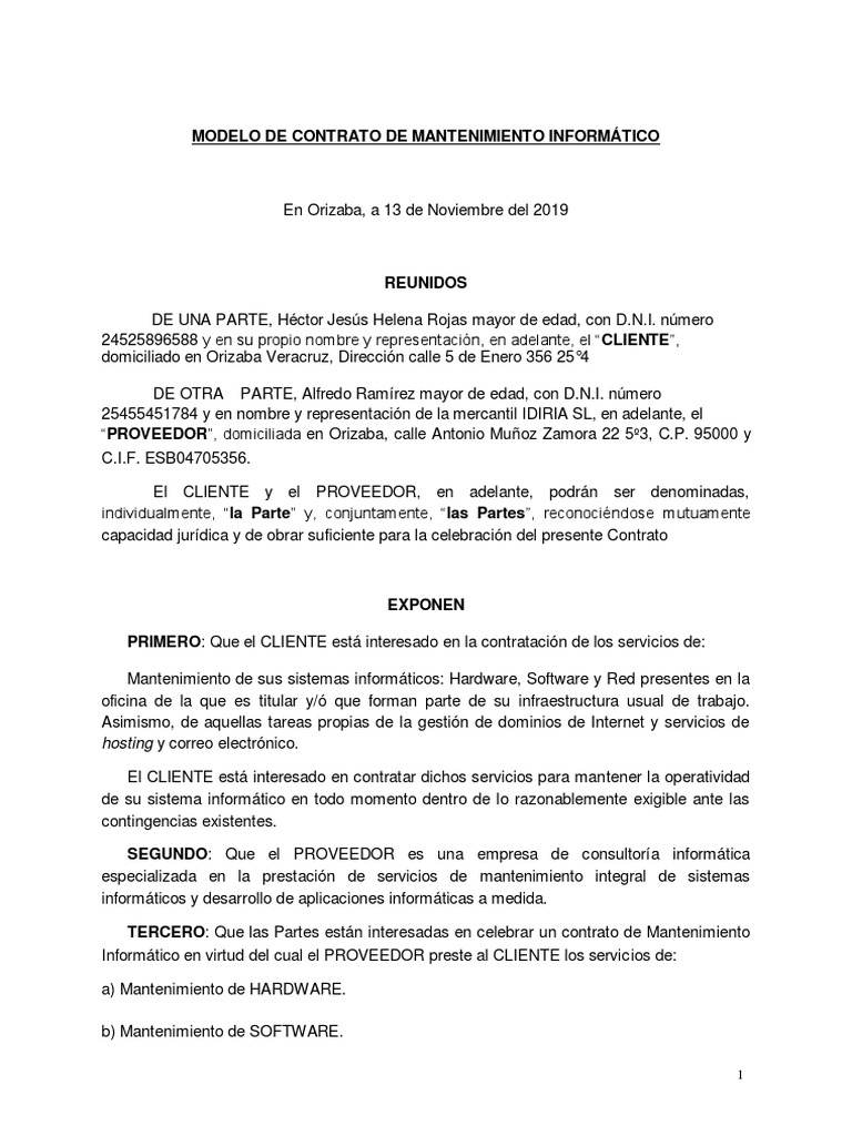 Modelo de Contrato de Contrato de Mantenimiento Informático | PDF ...