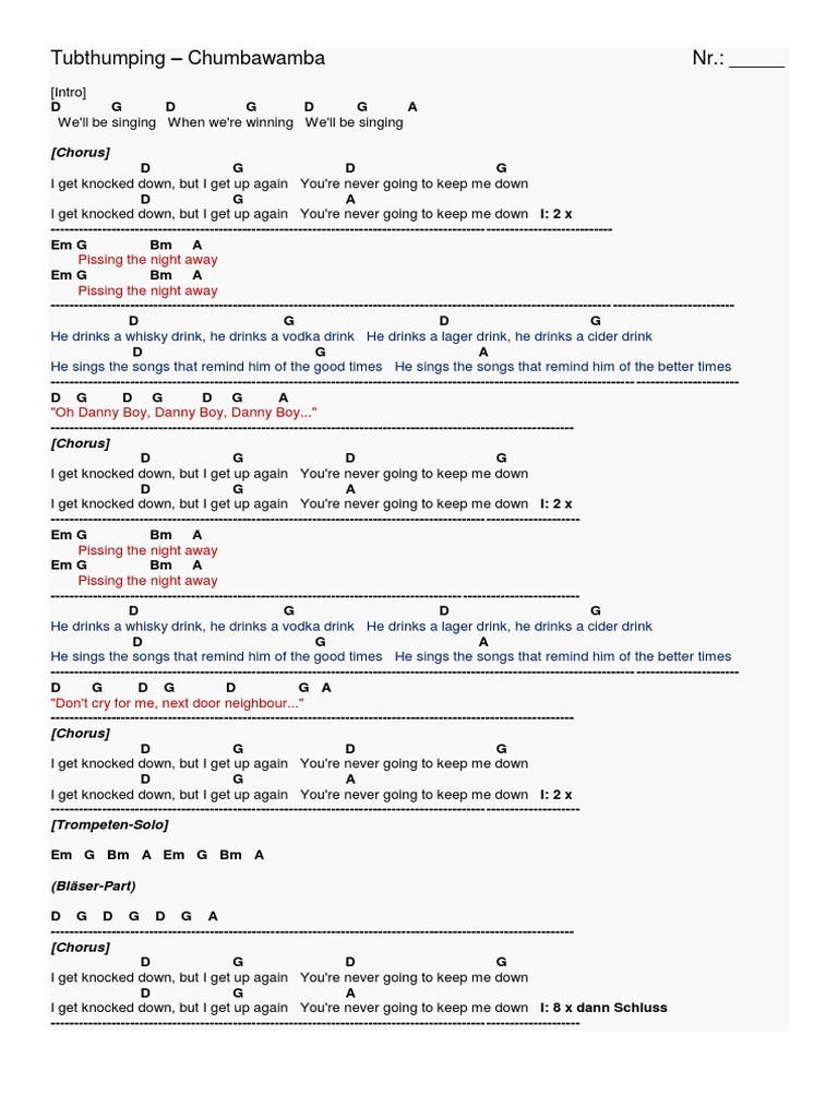 Tubthumping - Chumbawamba CHORDS Und TEXT | PDF | Vocal Music | Songs