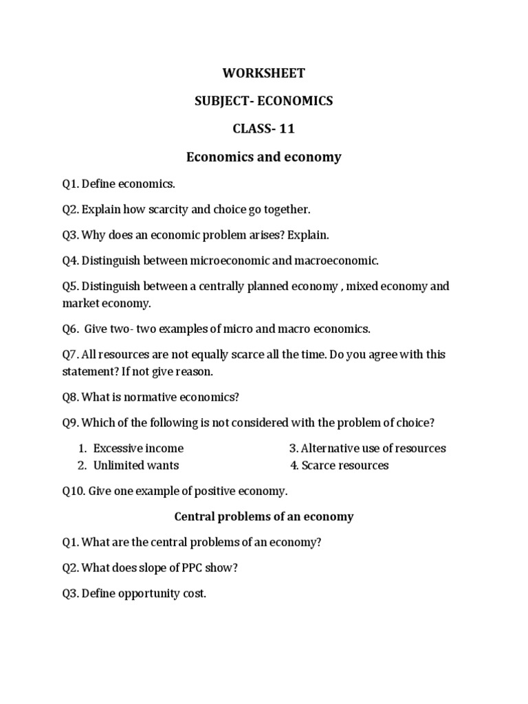 PK Work Sheet Economics Class 11 | PDF | Utility | Economics