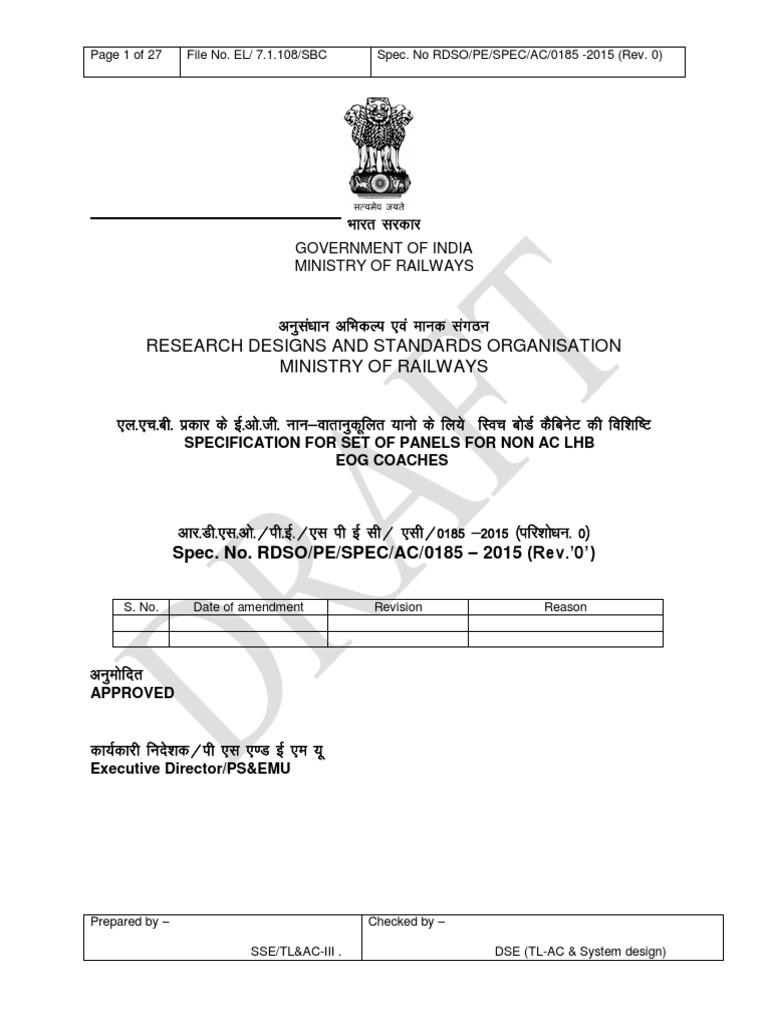 Draft Spec. For Set of Panels For LHB Non AC EOG Coaches PDF | PDF ...