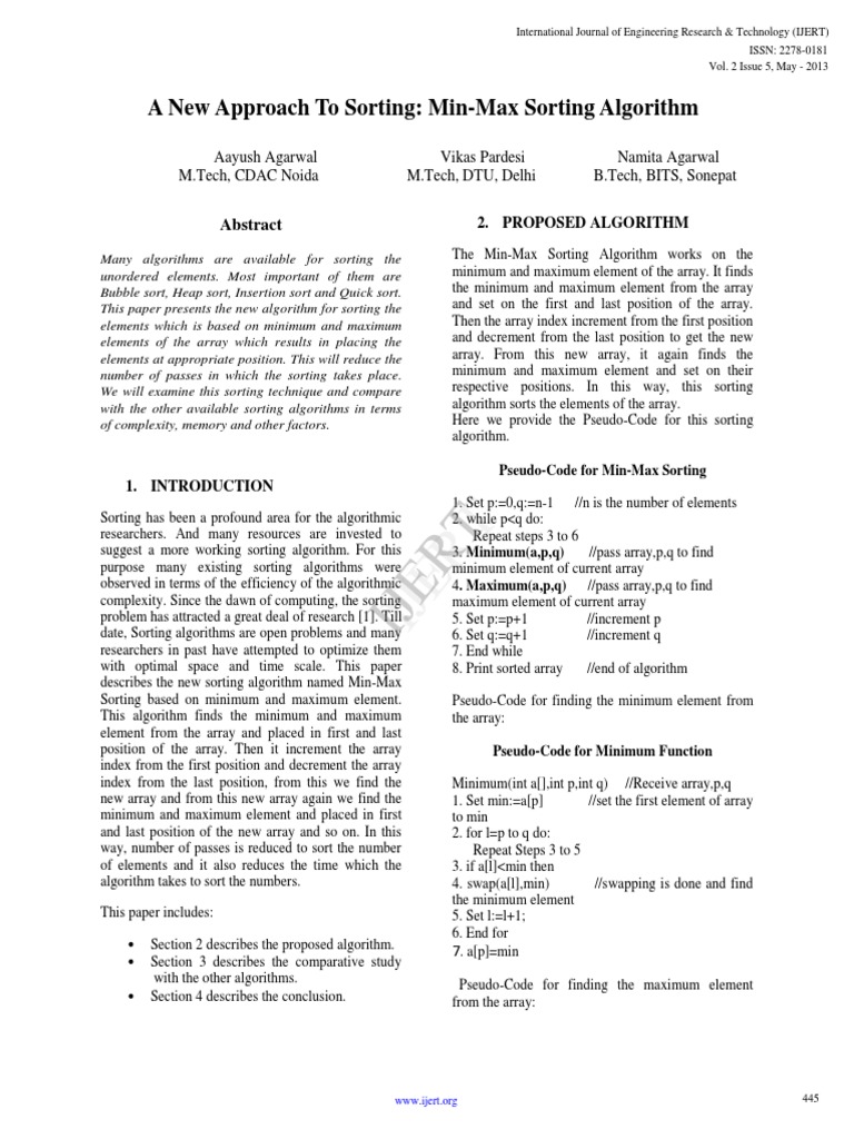 A New Approach To Sorting Min Max Sorting Algorithm IJERTV2IS50210 PDF ...