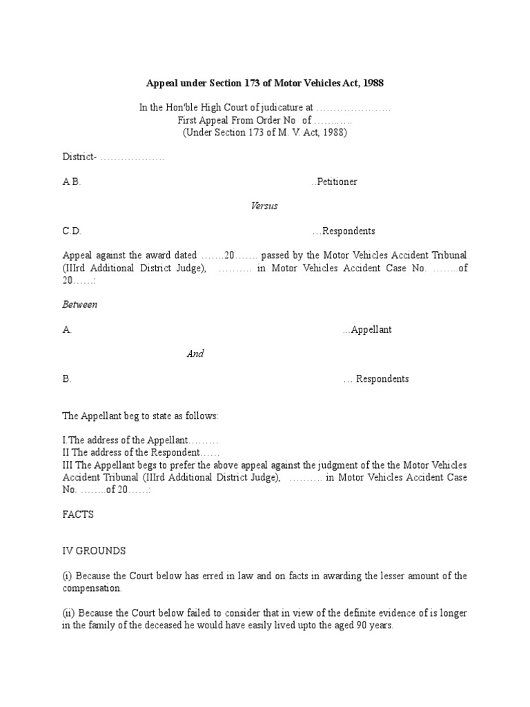 Appeal Under Section 173 of Motor Vehicles Act, 1988-Drafting-Civil ... Appeal Under Section 173 of Motor Vehicles Act, 1988-Drafting-Civil ...