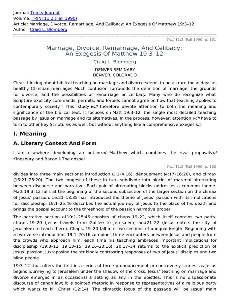 Marriage, Divorce, Remarriage, and Celibacy. An Exegesis of Matthew 19.3-12 (C.L. Blomberg ...