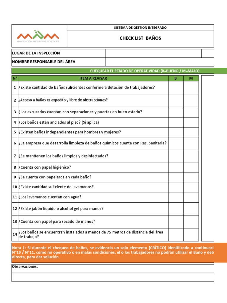 Checklist Inspección de Baños | PDF | Tecnología
