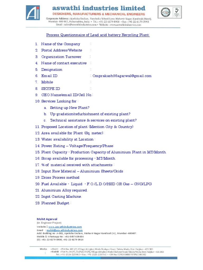 Process Questionnaire - Aluminum Recycling Plant | PDF | Aluminium ...