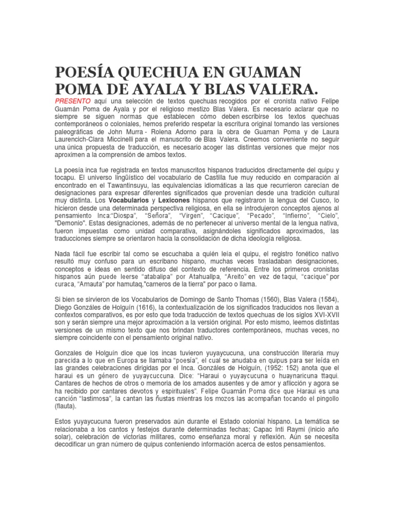 Poesía Quechua en Guamán Poma y Valera | PDF | Imperio Inca | Idiomas