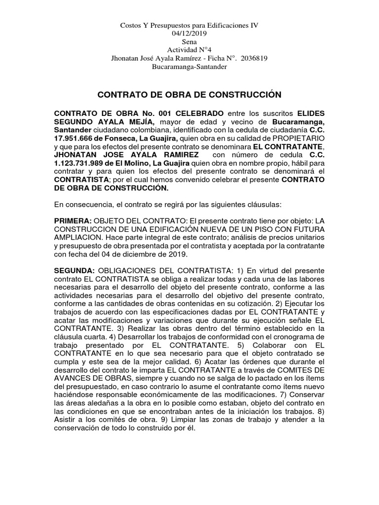 Contrato de construcción para la edificación de una vivienda ...
