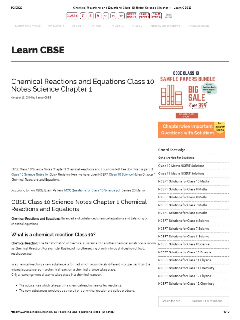 Class 10 Chemical Reactions Notes | PDF | Redox | Rust