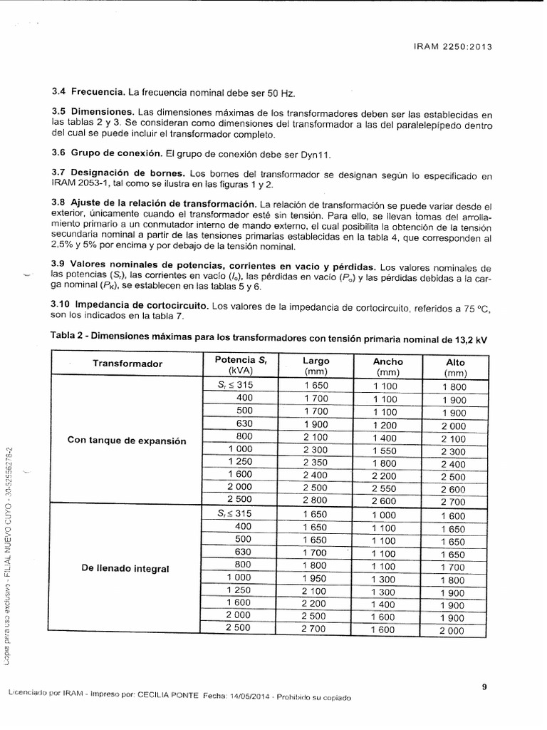 IRAM 2250 (Medidas Maximas Trafos) | PDF