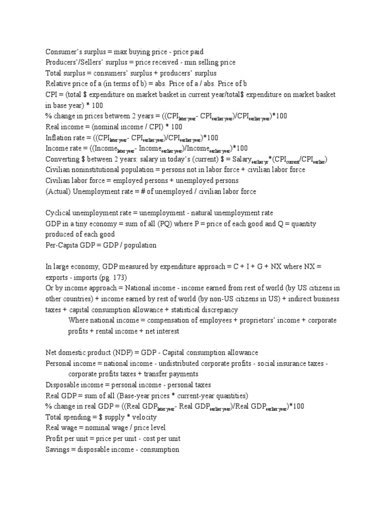 Econ 101 - Formulas | PDF | Government Budget Balance | Money Supply