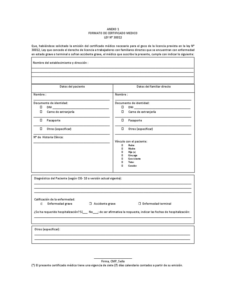 CERTIFICADO DE LA LEY #30012 POR ENFERMEDAD DE FAMILIAR DIRECTO - File - 1540604003 | PDF ...
