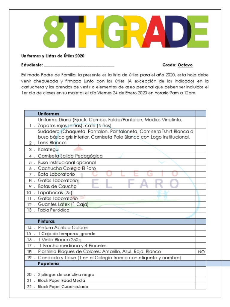 Lista De útiles Escolares Para Octavo Grado