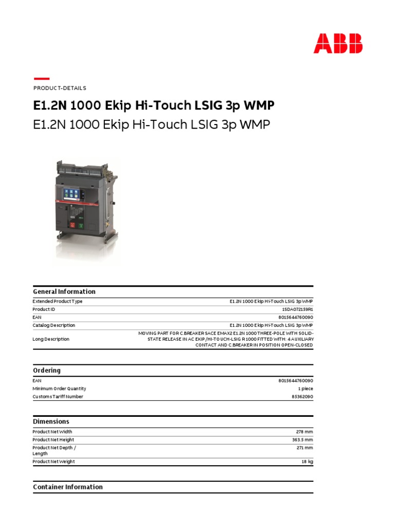 1SDA072159R1 E1 2n 1000 Ekip Hi Touch Lsig 3p WMP PDF | PDF | Components | Power Engineering
