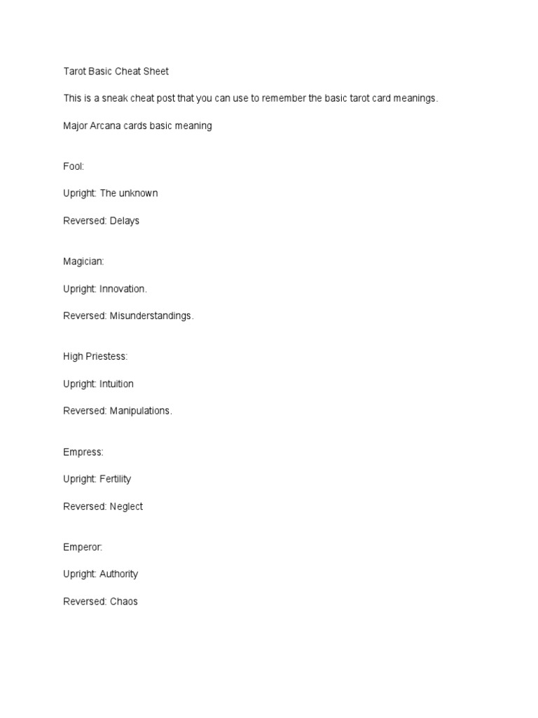 Tarot Basic Cheat Sheet | PDF | Tarot | Divination