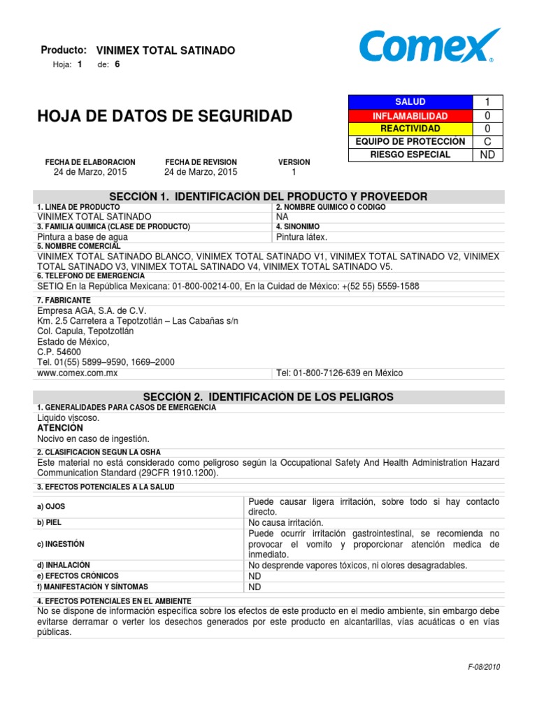 VINIMEX TOTAL SATINADO Hoja Seguridad 1 | PDF | Administración de Seguridad y Salud Ocupacional ...