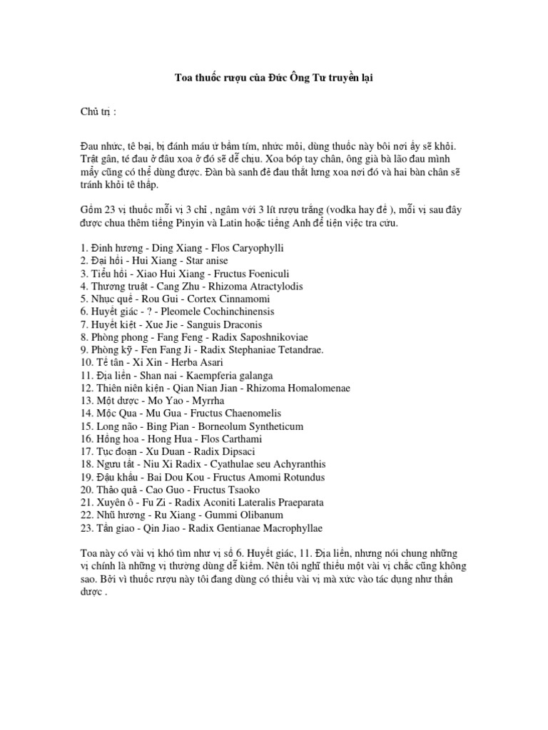 Toa Thuoc Ruou Dau Nhuc | PDF