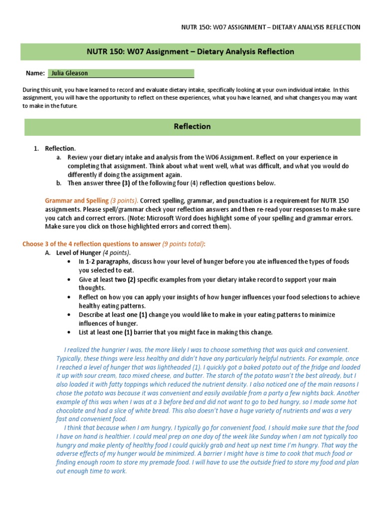 Dietary Intake Reflection for NUTR 150 | PDF | Eating | Healthy Diet