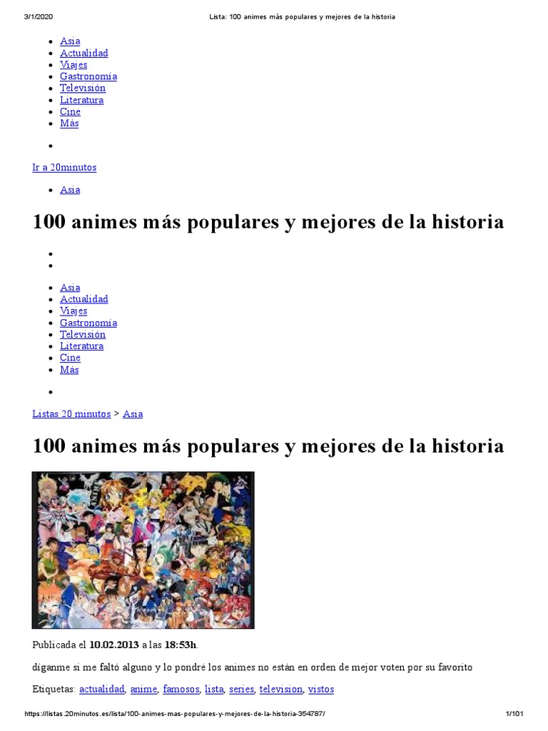 Lista - 100 Animes Más Populares y Mejores de La Historia PDF | PDF ...
