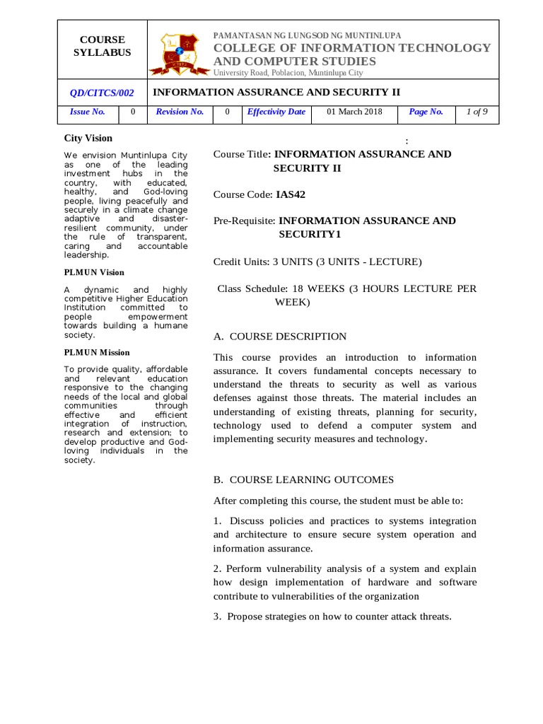 Information Assurance and Security II Syllabus | PDF | Risk Management ...
