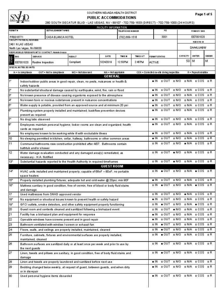 Casa Blanca Hotel Inspection SNHD 05-24-2019 | PDF | Public Toilet ...