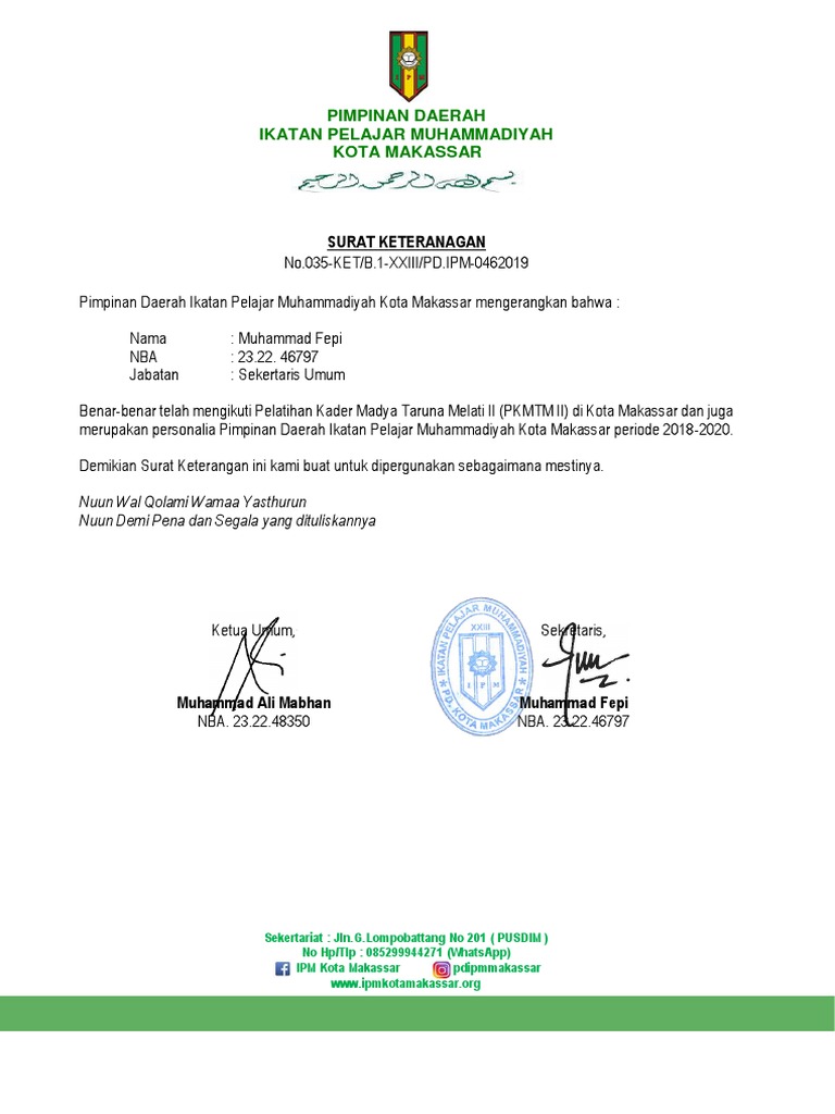 Surat Keterangan Pelatihan IPM Makassar | PDF