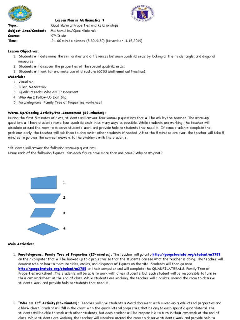 Class 9 Quadrilateral Lesson Plan | PDF | Rectangle | Geometric Shapes