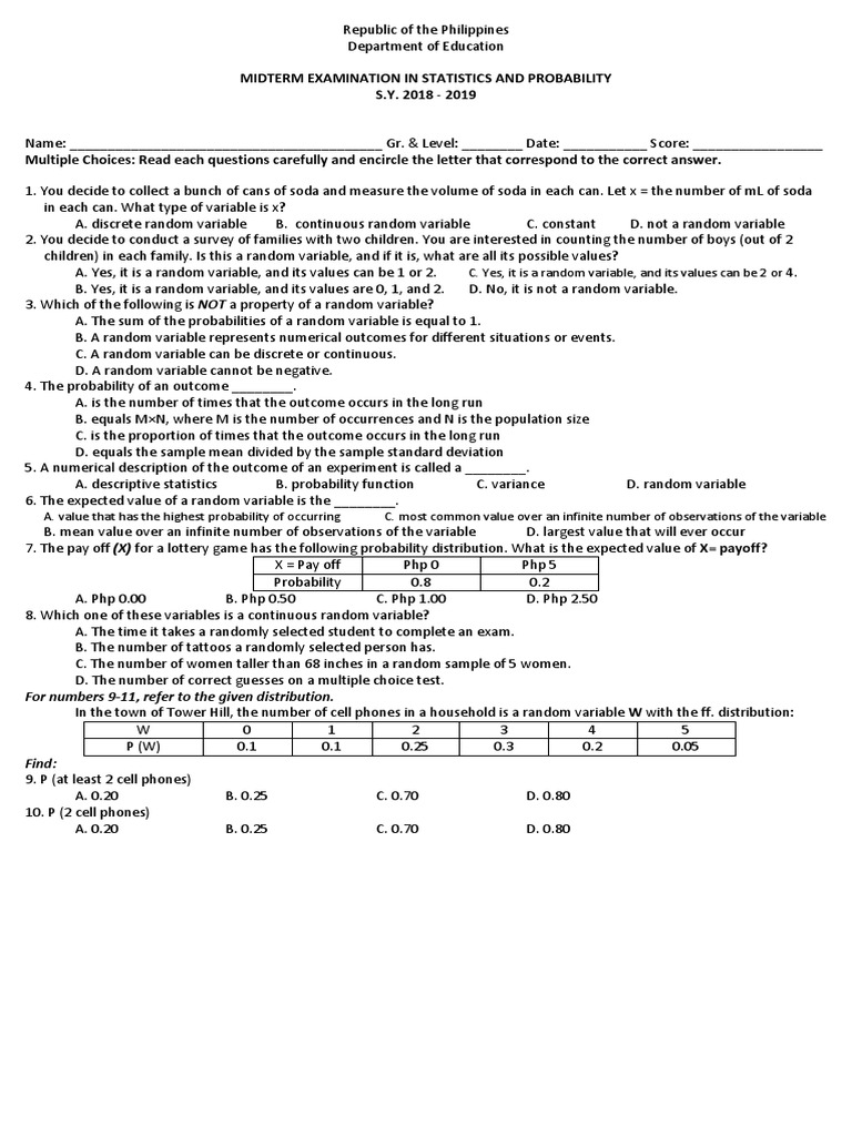Statistics and Probability Second Semester Test Questions | PDF ...