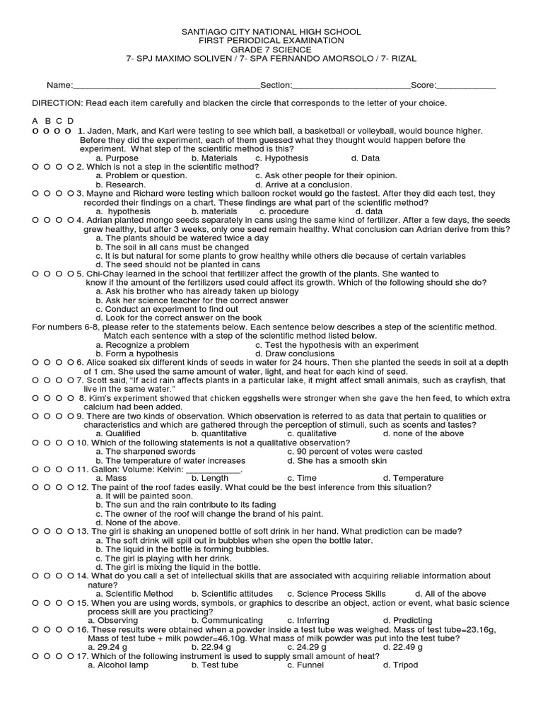 First Periodical Test G7 Science | PDF | Solution | Solubility