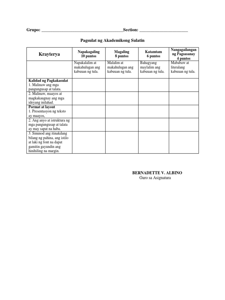 Rubriks Sa Akademikong Sulatin | PDF