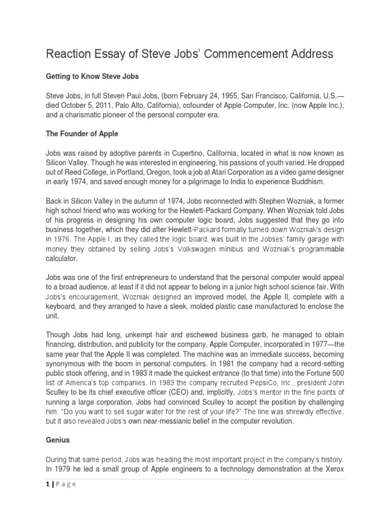 Reaction Essay of Steve Jobs FINAL | PDF | Steve Jobs | Rhetoric
