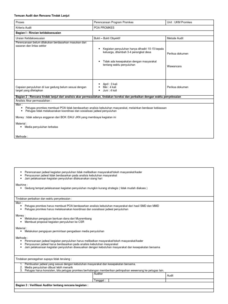 Temuan Audit Dan Rencana Tindak Lanjut Puskesmas Tagog Apu | PDF