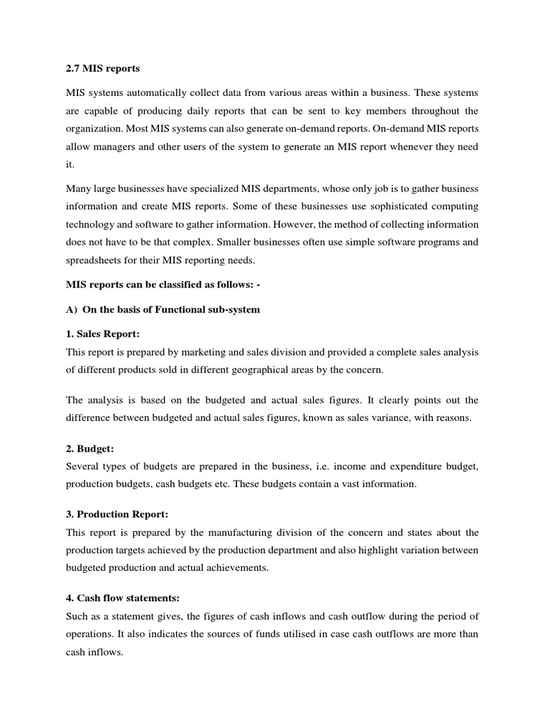 Types of MIS Reports | PDF | Management Information System | Cash Flow ...