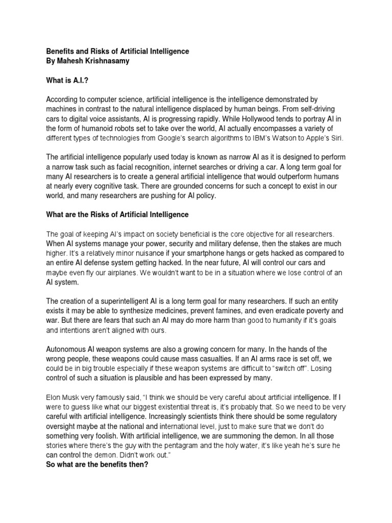 Benefits and Risks of Artificial Intelligence | PDF | Artificial ...